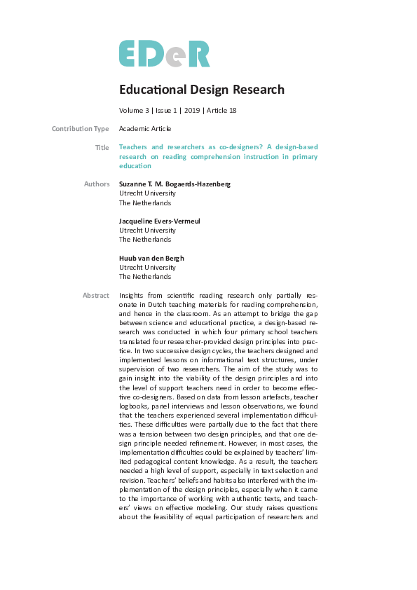 (PDF) Teachers and researchers as co-designers? A design-based research ...