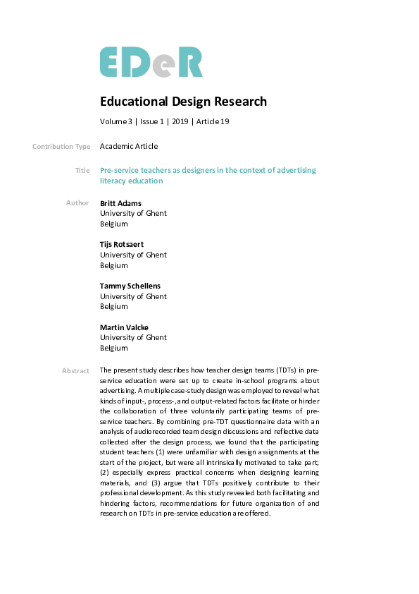 (PDF) Educational Design Research Pre-service teachers as designers in ...