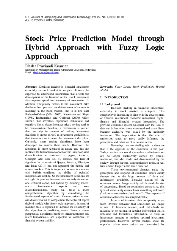 Pdf Stock Price Prediction Model Through Hybrid Approach With Fuzzy Logic Approach 