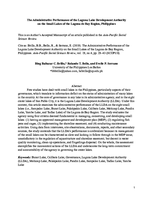 (PDF) The Administrative Performance of the Laguna Lake Development ...