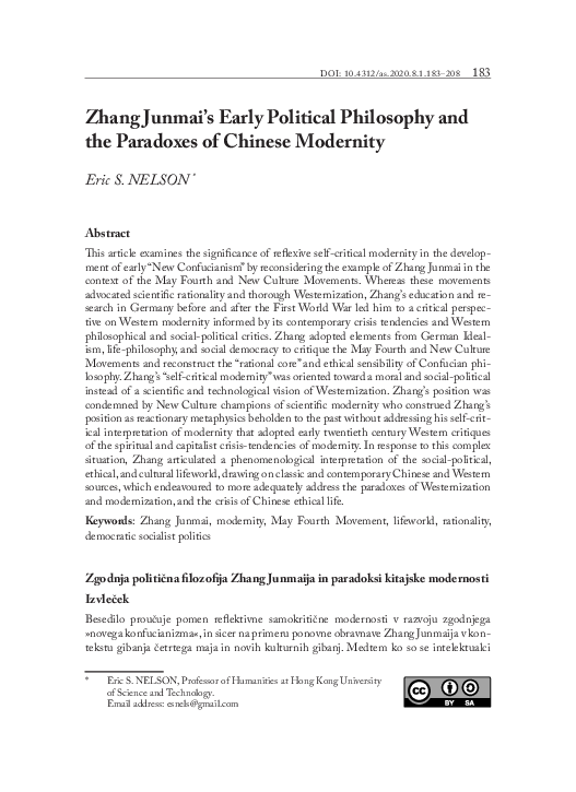 (PDF) Zhang Junmai’s Early Political Philosophy and the Paradoxes of Chinese Modernity | Eric S ...