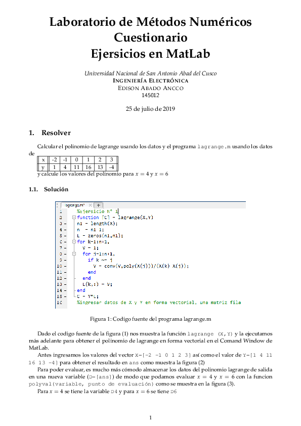 (PDF) Laboratorio de Métodos Numéricos Cuestionario Ejersicios en MatLab