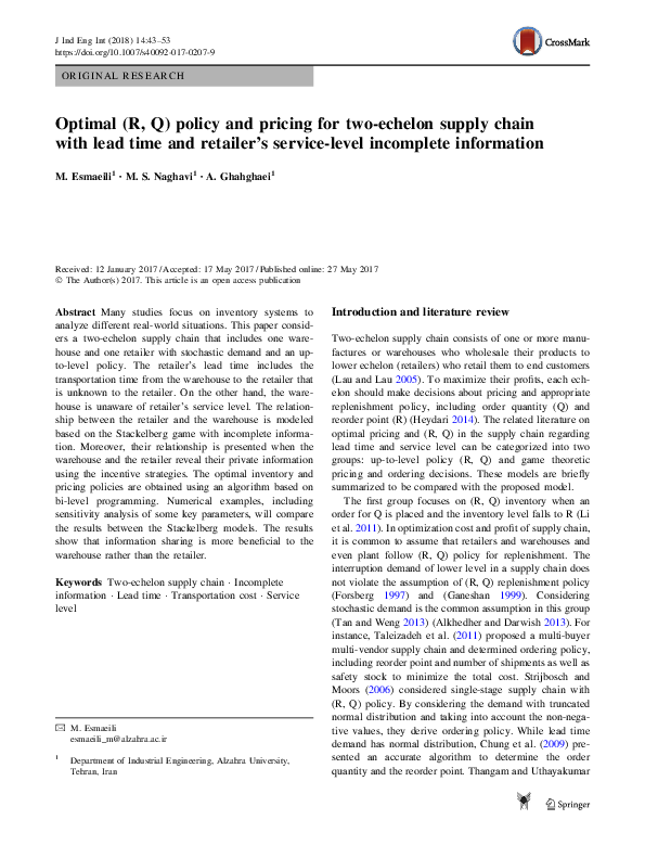 (PDF) Optimal (R, Q) Policy in Two-Echelon Supply Chains