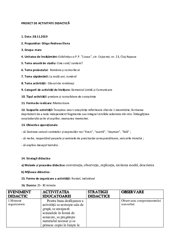 (DOC) PROIECT DE ACTIVITATE DIDACTICĂ