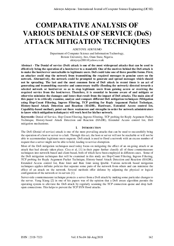 (PDF) COMPARATIVE ANALYSIS OF VARIOUS DENIALS OF SERVICE (DoS) ATTACK MITIGATION TECHNIQUES