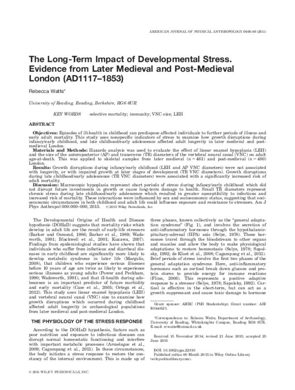 (PDF) The long term impact of developmental stress. Evidence from later ...