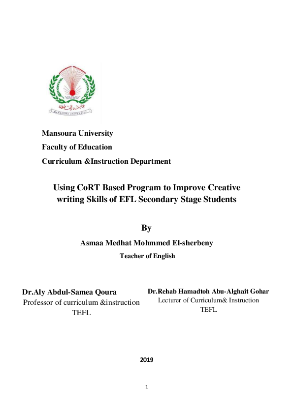 (PDF) Using CoRT Based Program to Improve Creative writing Skills of EFL Secondary Stage ...