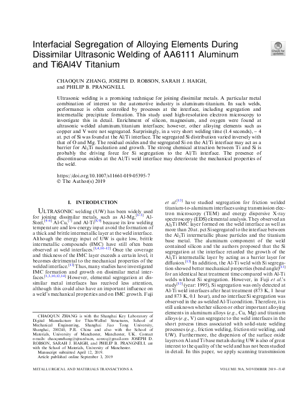 (PDF) Interfacial Segregation of Alloying Elements During Dissimilar Ultrasonic Welding of ...