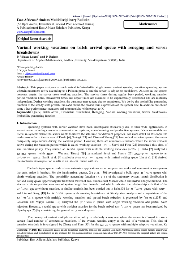Pdf Mathematics Variant Working Vacations On Batch Arrival Queue With Reneging And Server