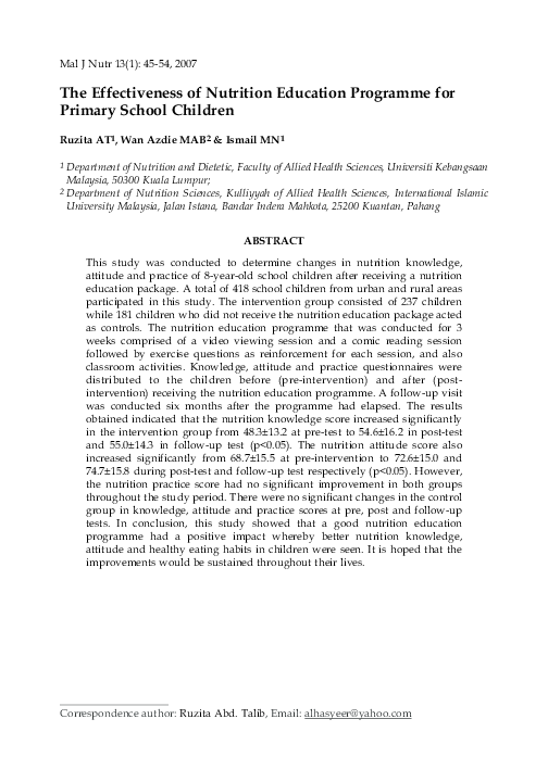 (PDF) The effectiveness of nutrition education programme for primary ...