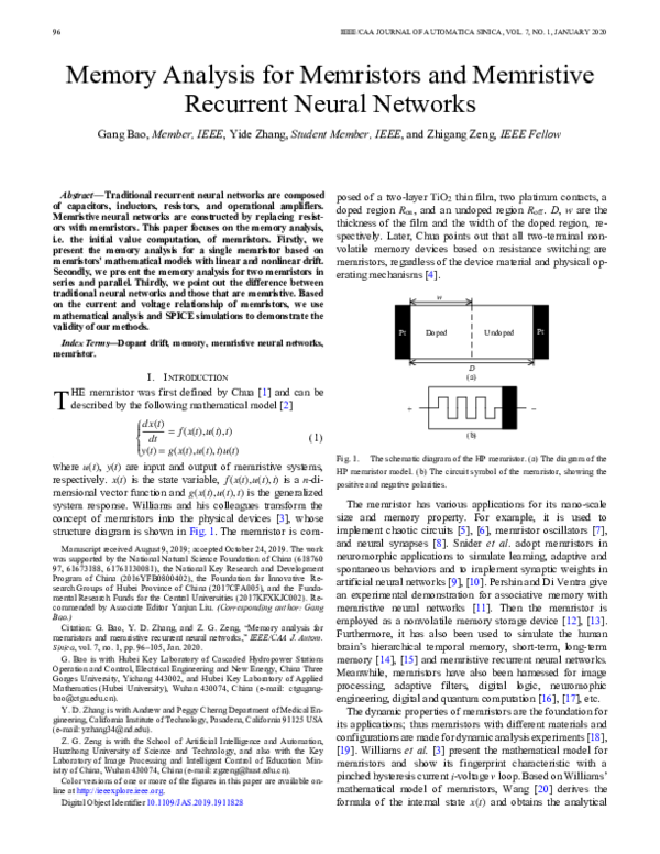 Pdf Memory Analysis For Memristors And Memristive Recurrent Neural