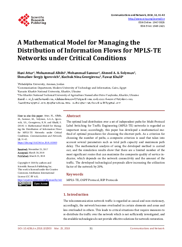 (PDF) A Mathematical Model for Managing the Distribution of Information Flows for MPLS-TE ...
