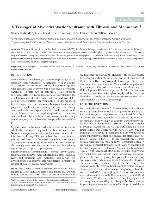 (PDF) A Teenager of Myelodysplastic Syndrome with Fibrosis and Monosomy 7