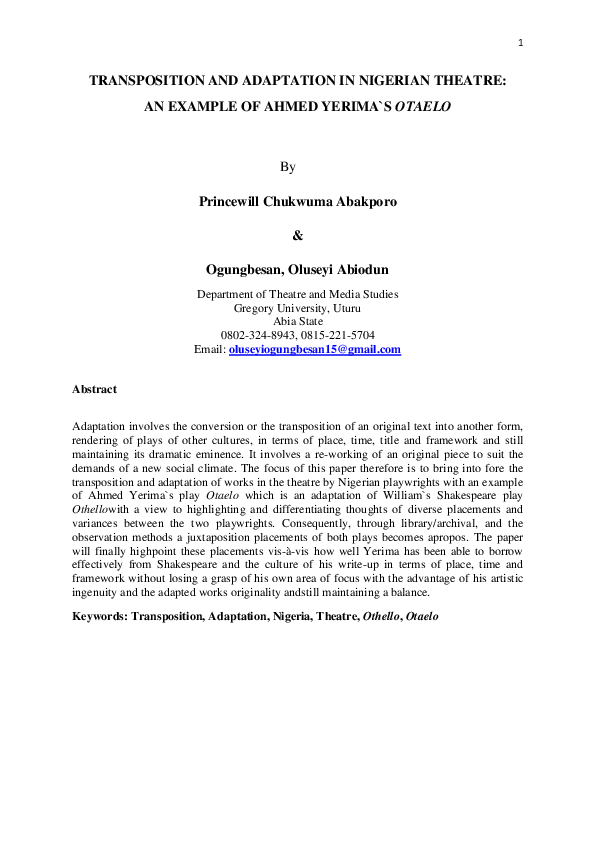 (DOC) TRANSPOSITION AND ADAPTATION IN NIGERIAN THEATRE: AN EXAMPLE OF ...