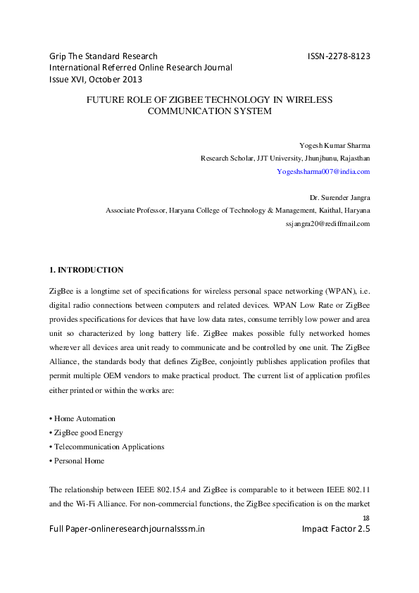 (PDF) FUTURE ROLE OF ZIGBEE TECHNOLOGY IN WIRELESS COMMUNICATION SYSTEM