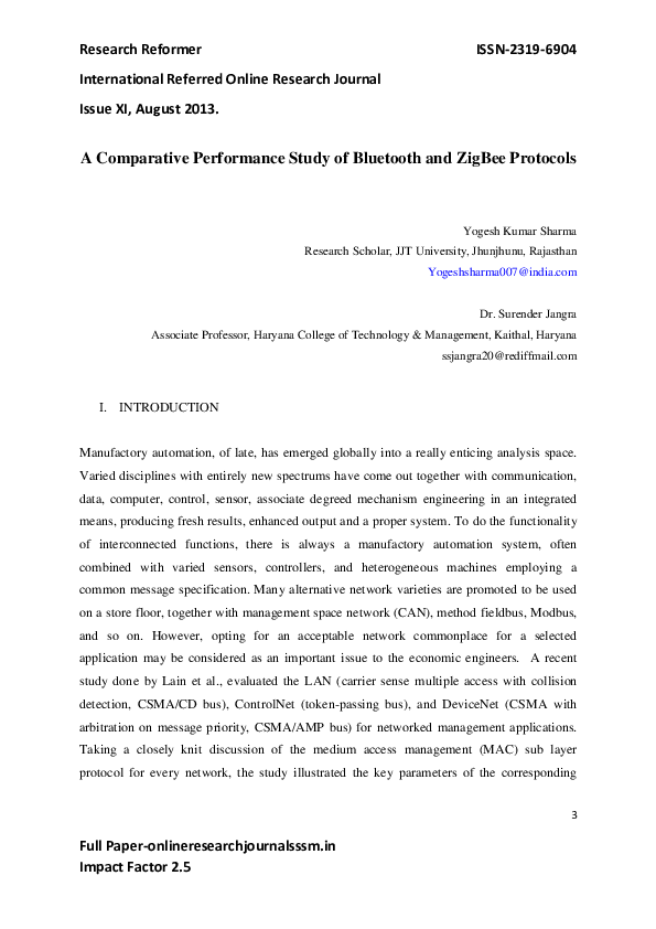 (PDF) A Comparative Performance Study of Bluetooth and ZigBee Protocols