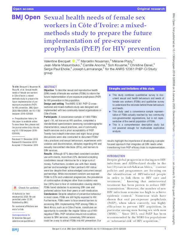 (PDF) Sexual health needs of female sex workers in Côte d'Ivoire: a ...