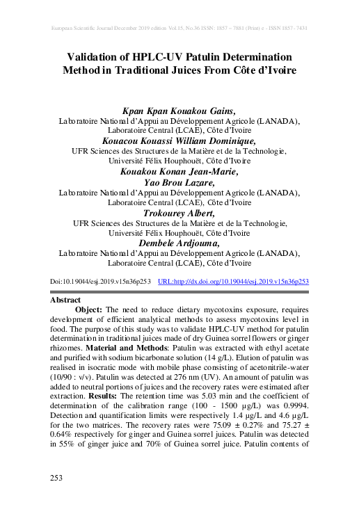 Pdf Validation Of Hplc Uv Patulin Determination Method In Traditional Juices From Côte Divoire