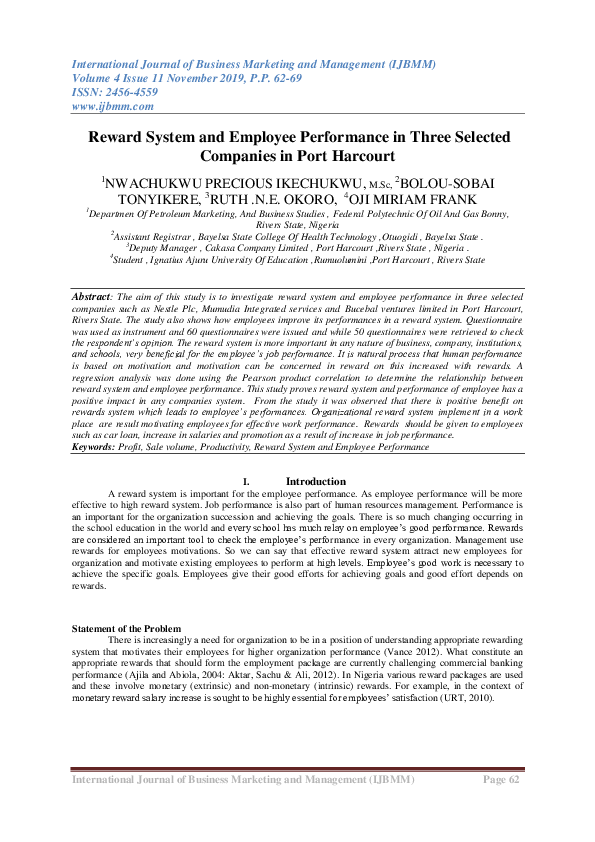 (PDF) Reward System and Employee Performance in Three Selected ...
