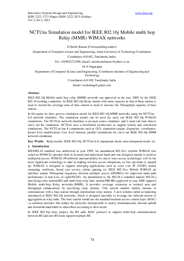 (PDF) NCTUns Simulation model for IEEE 802.16j Mobile multi hop Relay (MMR) WIMAX networks