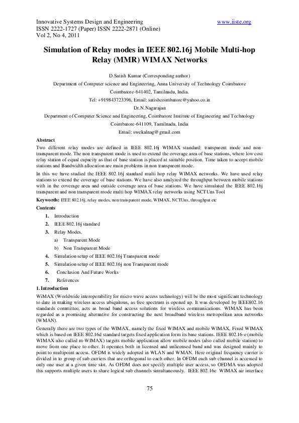 (PDF) Simulation of Relay modes in IEEE 802.16j Mobile Multi-hop Relay (MMR) WIMAX Networks