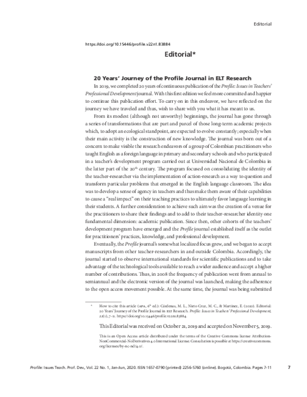 (PDF) Editorial: 20 Years’ Journey of the Profile Journal in ELT Research