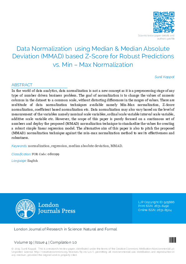 Pdf Data Normalization Using Median And Median Absolute Deviationmmad