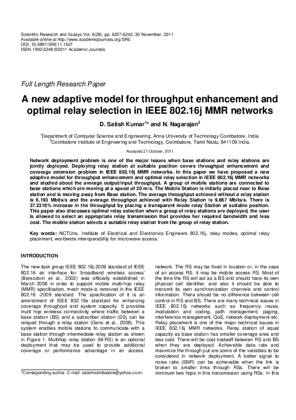 Pdf A New Adaptive Model For Throughput Enhancement And Optimal Relay Selection In Ieee 802