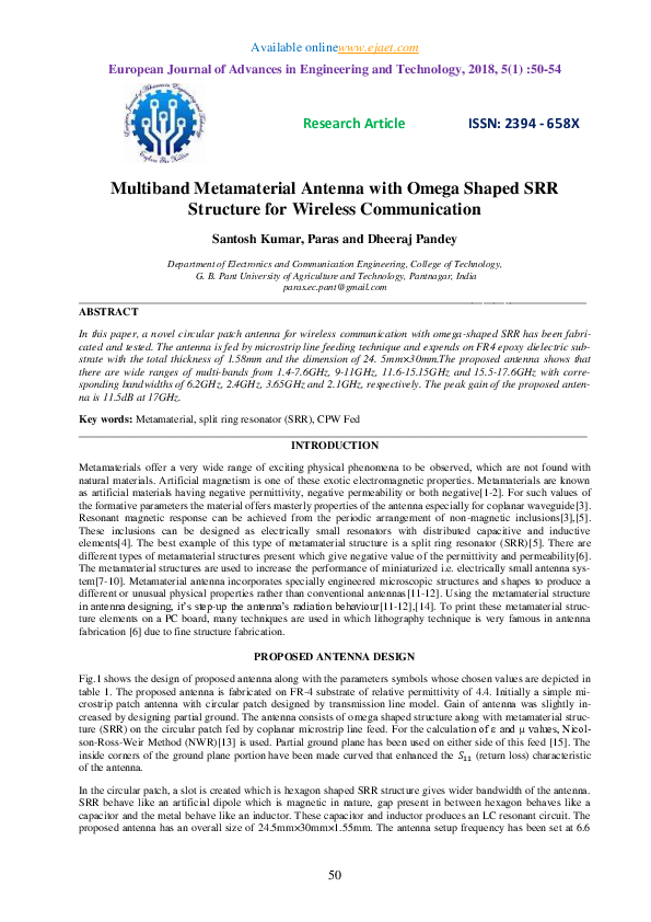 (PDF) Multiband Metamaterial Antenna with Omega Shaped SRR Structure ...