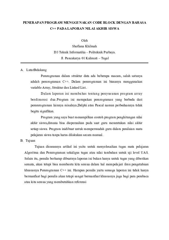 (PDF) PENERAPAN PROGRAM MENGGUNAKAN CODE BLOCK DENGAN BAHASA C++ PADA LAPORAN NILAI AKHIR SISWA