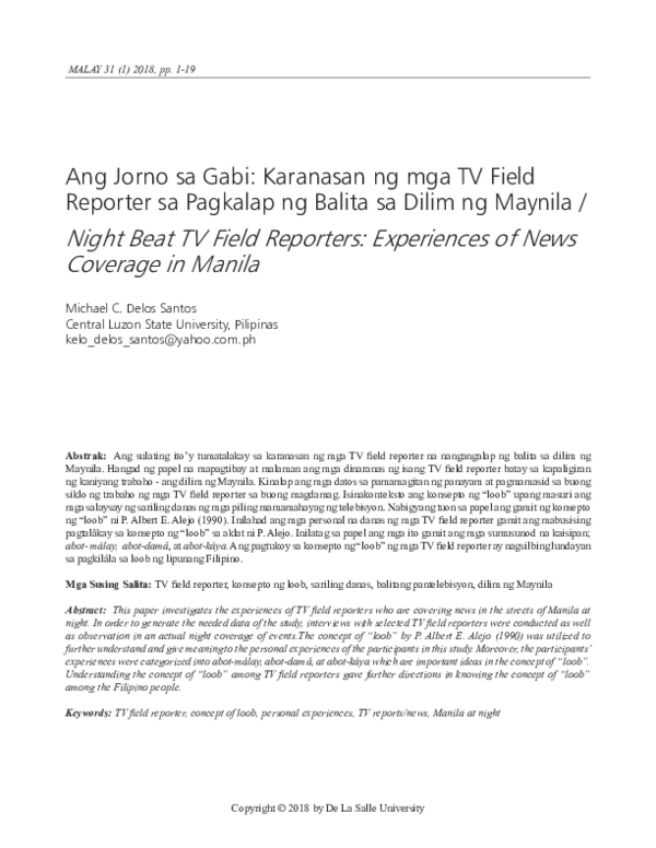 (PDF) Ang Jorno sa Gabi: Karanasan ng mga TV Field Reporter sa Pagkalap ...