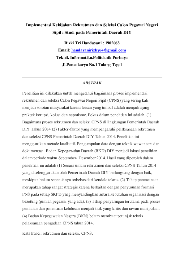 (PDF) Implementasi Kebijakan Rekrutmen dan Seleksi Calon Pegawai Negeri Sipil : Studi pada ...