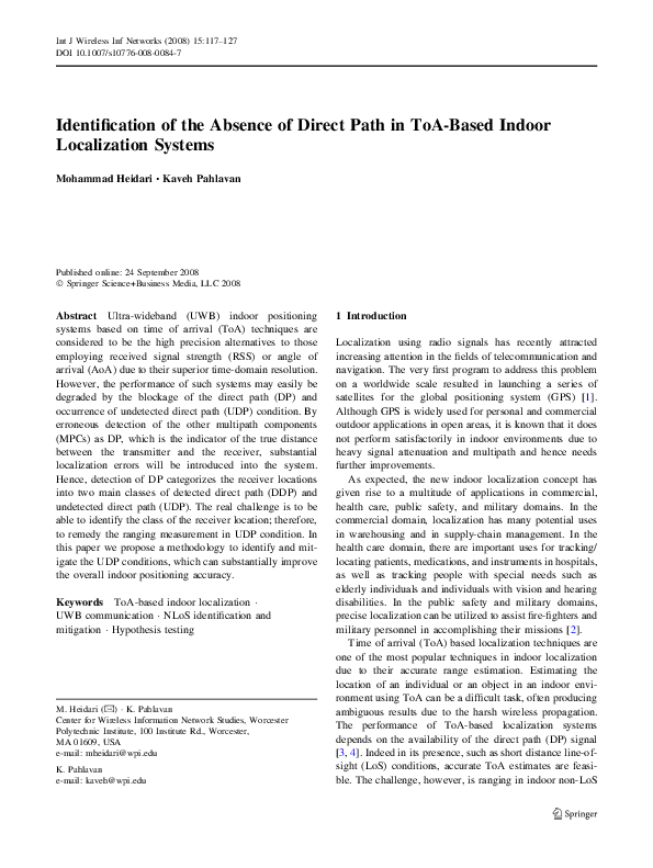 Pdf Identification Of The Absence Of Direct Path In Toa Based Indoor Localization Systems
