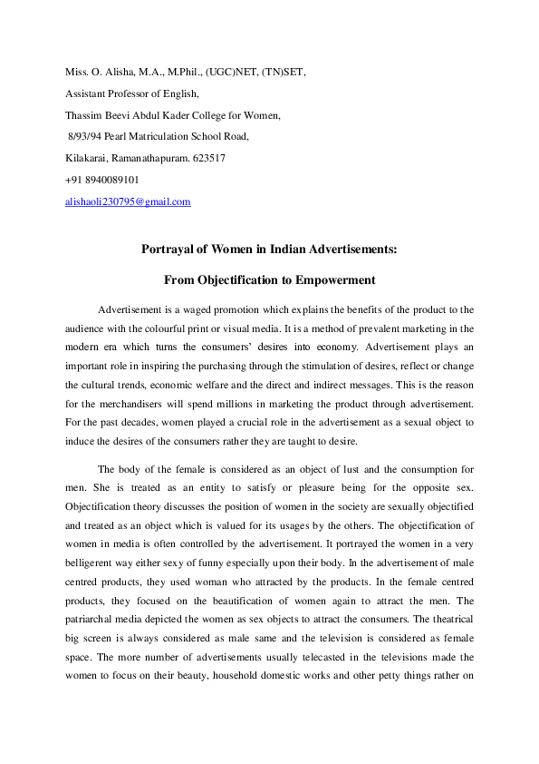 (DOC) Portrayal of Women in Indian Advertisements: From Objectification ...