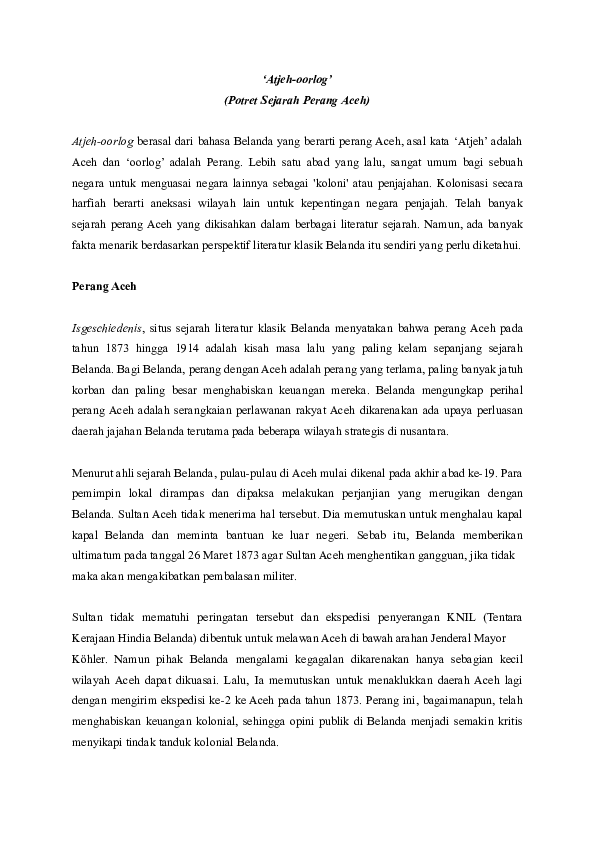 (DOC) 'Atjeh-oorlog' (Potret Sejarah Perang Aceh)