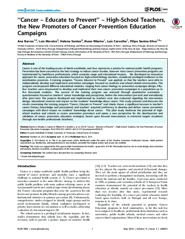 (PDF) ''Cancer -Educate to Prevent'' -High-School Teachers, the New ...