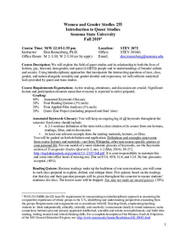 (PDF) Intro to Queer Studies Romesburg Syllabus Fall 19