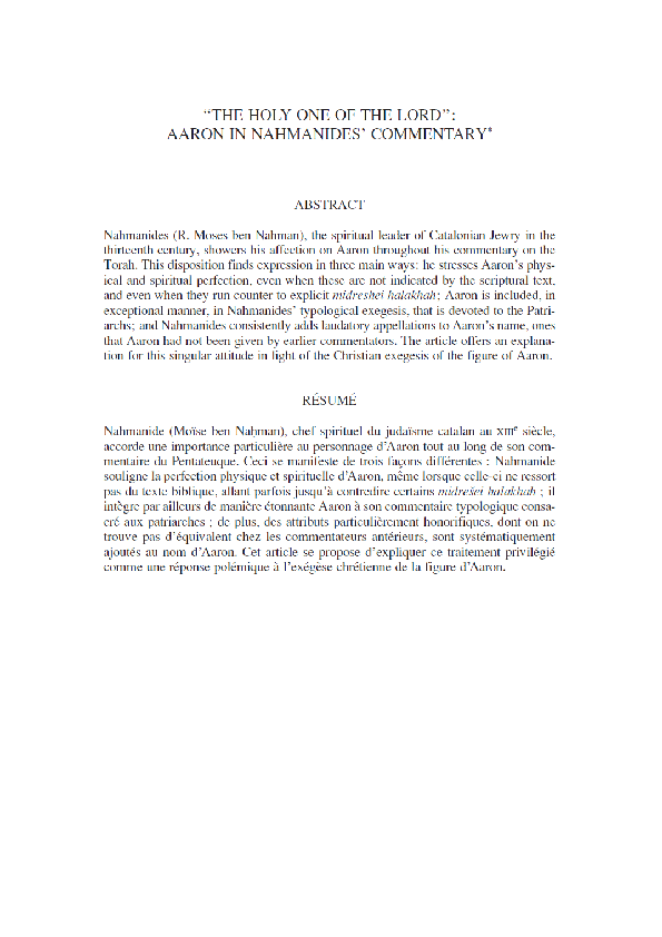 (DOC) `The Holy One of the Lord`: Aaron in Nahmanides' Commentary ...