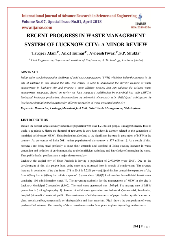 (PDF) RECENT PROGRESS IN WASTE MANAGEMENT SYSTEM OF LUCKNOW CITY: A ...