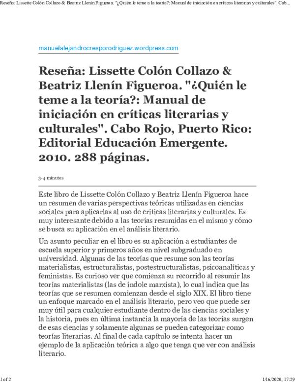 (PDF) Reseña: Lissette Colón Collazo & Beatriz Llenín Figueroa. "¿Quién ...