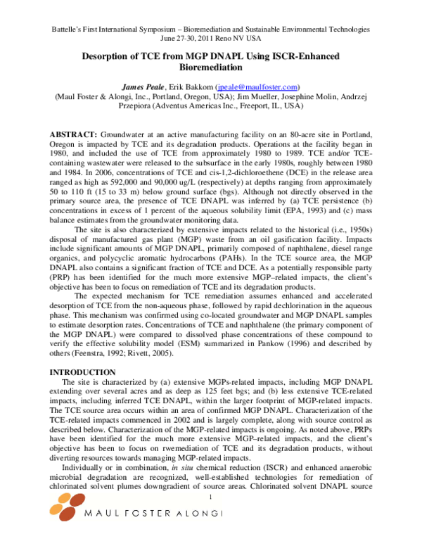 (PDF) Desorption of TCE from MGP DNAPL Using ISCR-Enhanced Bioremediation