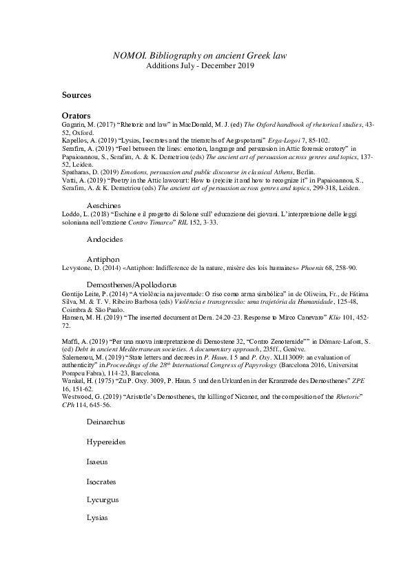 (DOC) NOMOI. Bibliography on ancient Greek law - Additions 2019B
