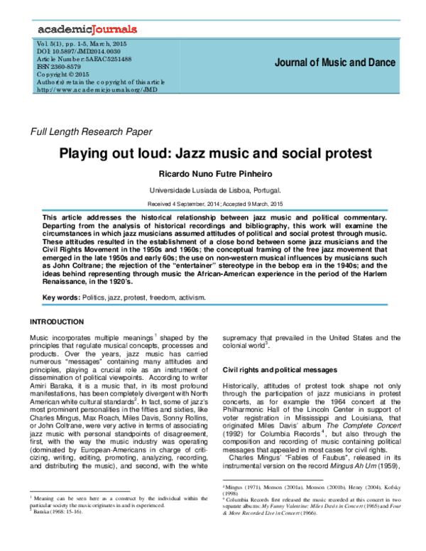 (PDF) Playing out loud: Jazz music and social protest