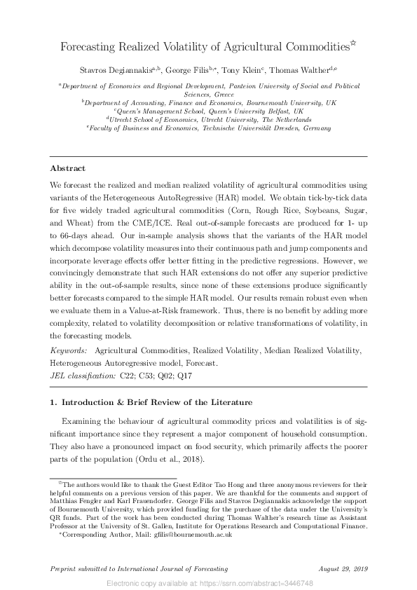 (PDF) Forecasting Realized Volatility of Agricultural Commodities