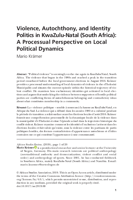 (PDF) Violence, Autochthony, and Identity Politics in KwaZulu-Natal ...