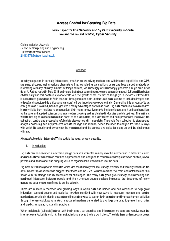 (PDF) Access Control for Securing Big Data Term Paper for the Network ...