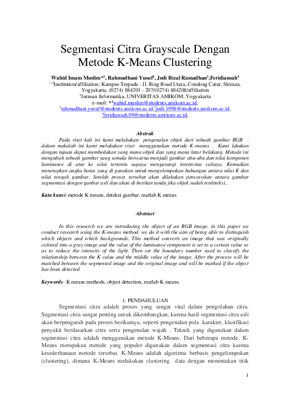 Pdf Segmentasi Citra Grayscale Dengan Metode K Means Clustering