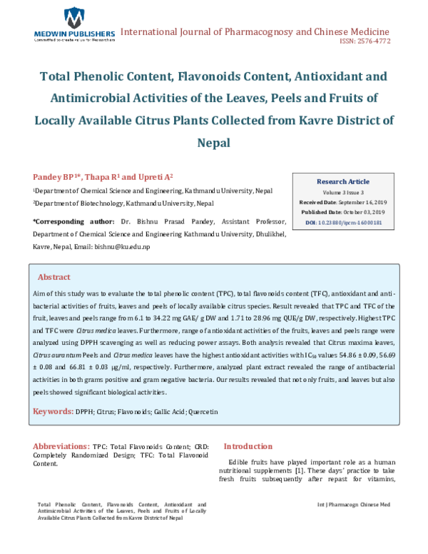 (PDF) Total Phenolic Content, Flavonoids Content, Antioxidant and Antimicrobial Activities of ...