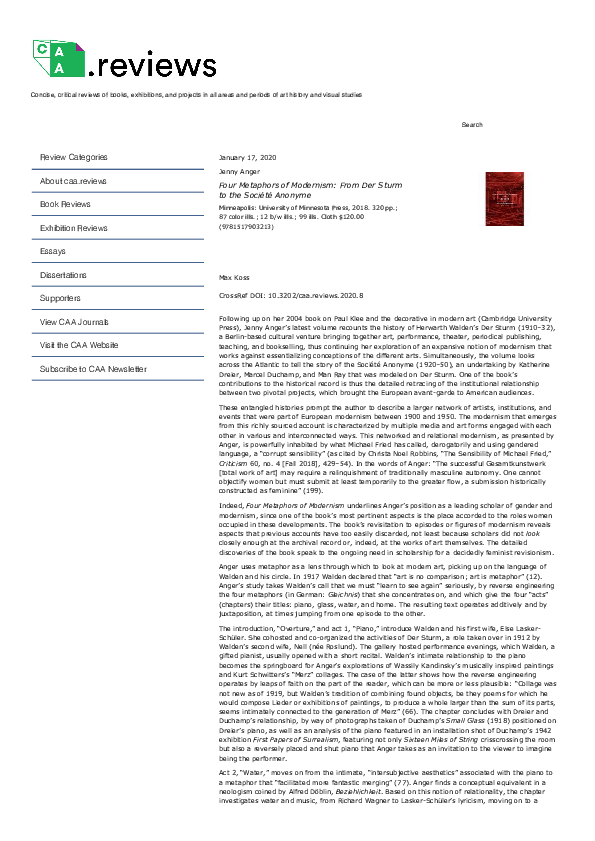 (PDF) Review of Jenny Anger's "Four Metaphors of Modernism: From Der ...