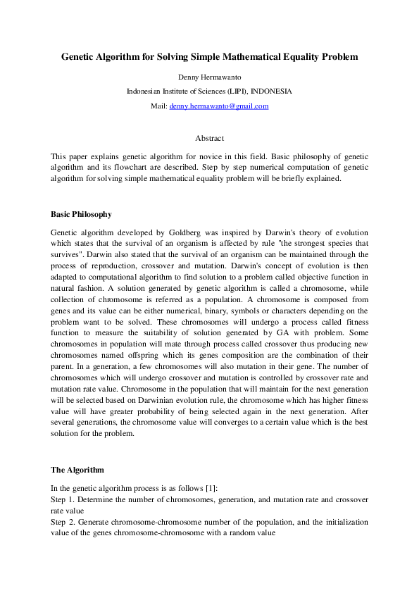 Pdf Genetic Algorithm For Solving Simple Mathematical Equality Problem